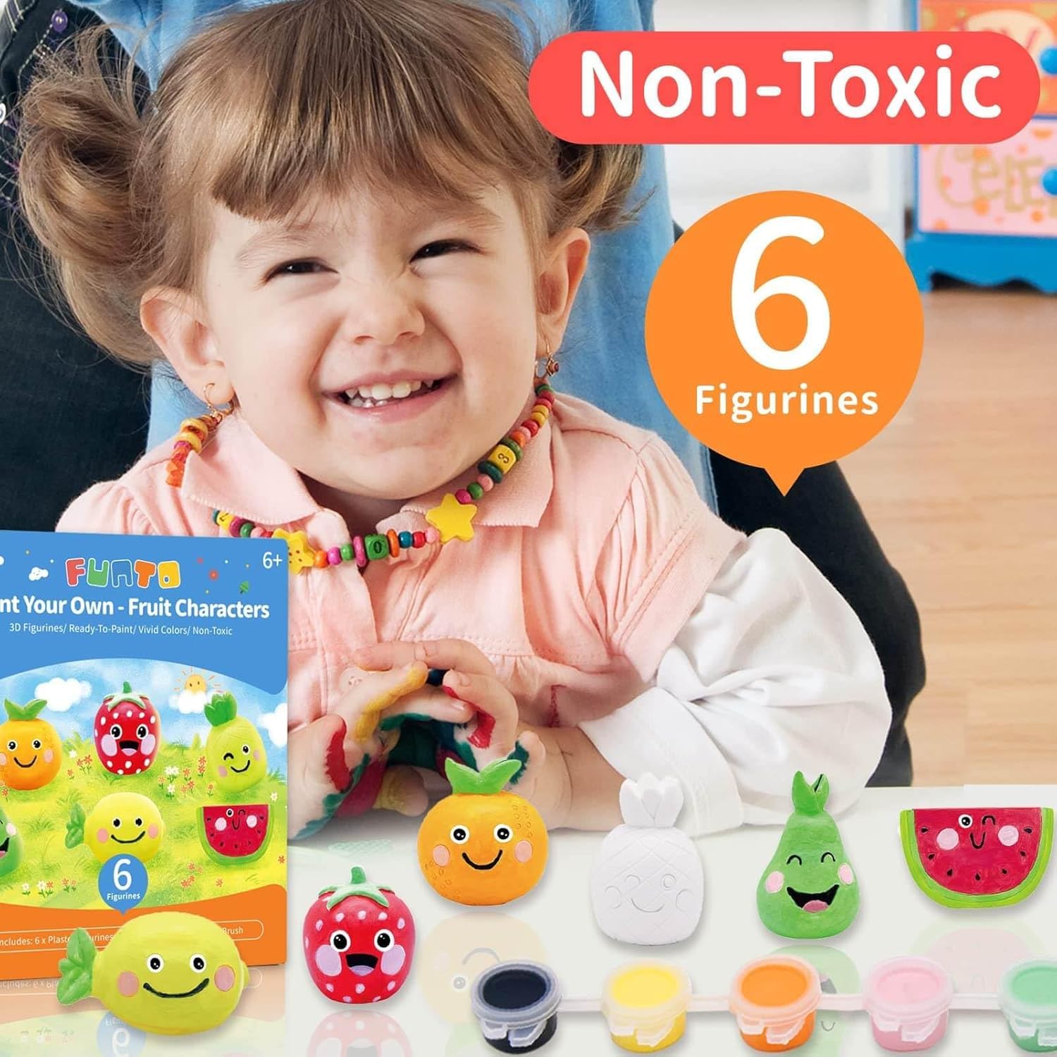 Funto Paint Your Own Fruits Painting Kit, 13 PCS Crafts Set for Kids, STEAM Project Creative Activity DIY Toys with 6 Figurines, 6 Paint Pots, 1 Brush