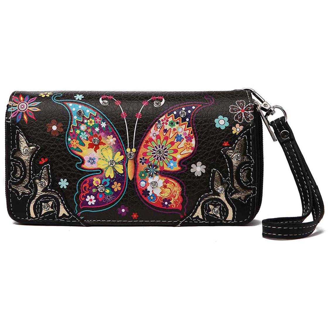 Colorful Butterfly Spring Western Style Fashion Purse Women Wristlets Wallet (Black)