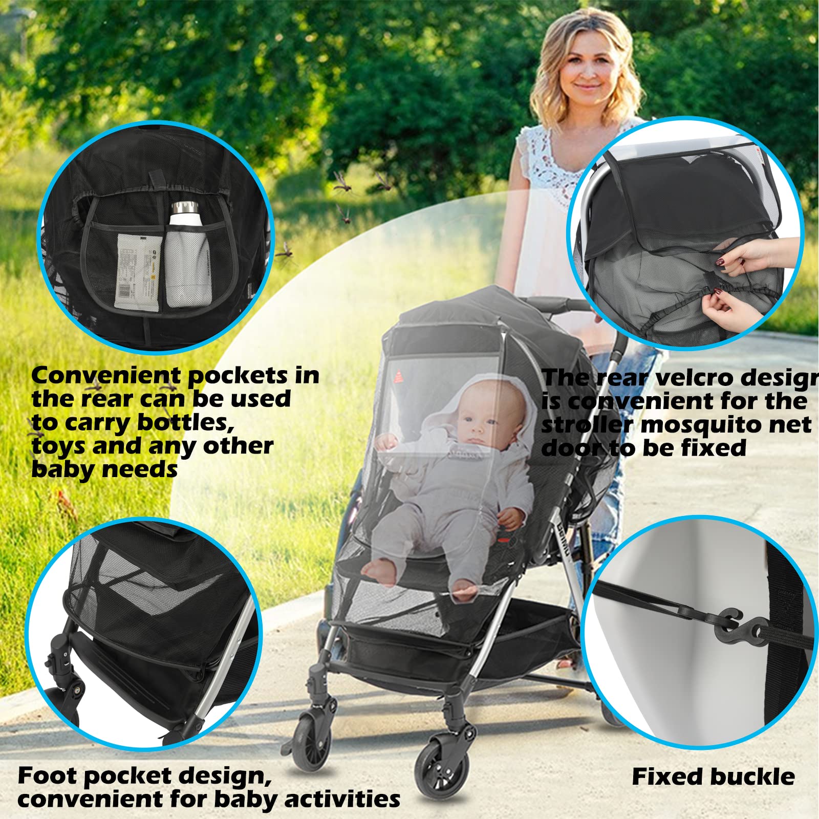 BAYWYI 3 in 1 Sun Shade and Mosquito Net for Stroller Sun Protection, Versatile Universal Double Zipper Baby Mosquito Net -