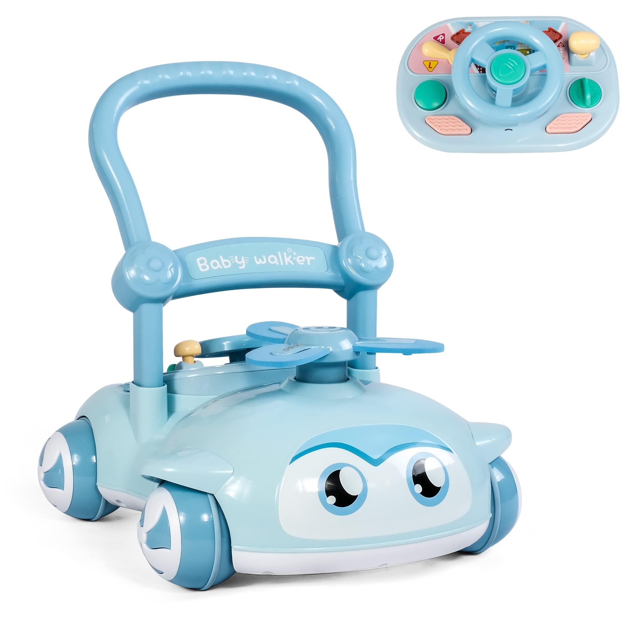 COLOR TREE 2 in 1 Baby Walker + Toddler Steering Wheel Activity Center, Sit-to-Stand Push Pull Walker, Early Educational Learning Toy with 4 Large Wheels and EVA Flash Lamp Blades and Music, Blue