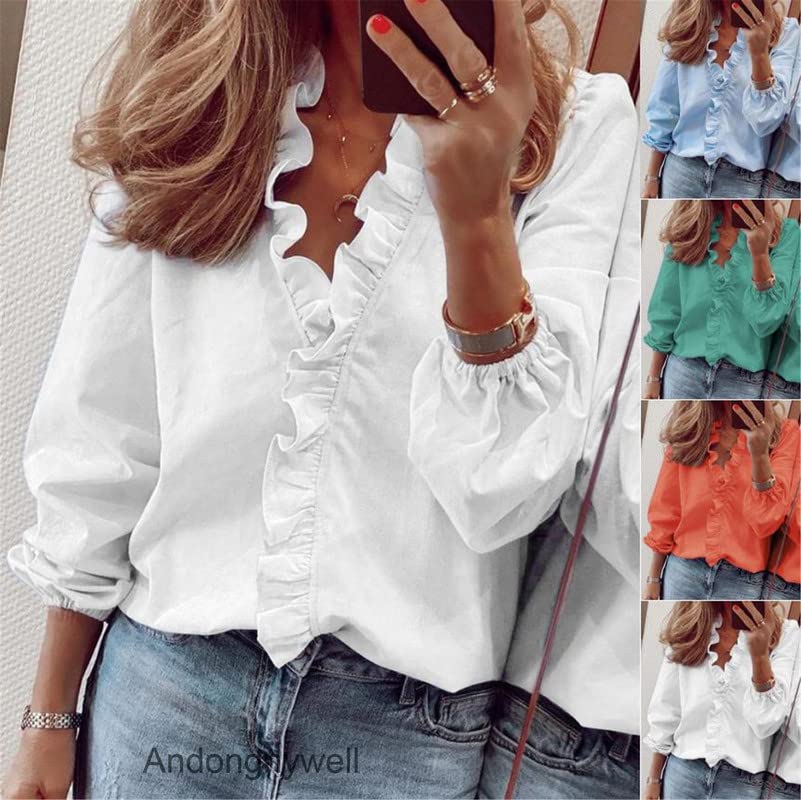 Andongnywell Casual Solid Color Ruffle Collar Long Sleeve Ruffle Shirt Blouse V Neck Short Sleeve Shirt Top White