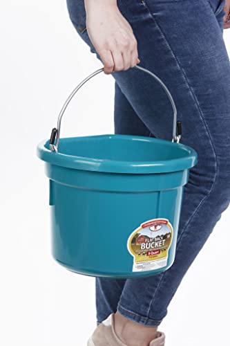 Little Giant® Flat Back Plastic Animal Feed Bucket | Animal Feed Bucket with Metal Handle | Horse Feed & Water Bucket | 8 Quarts | Teal