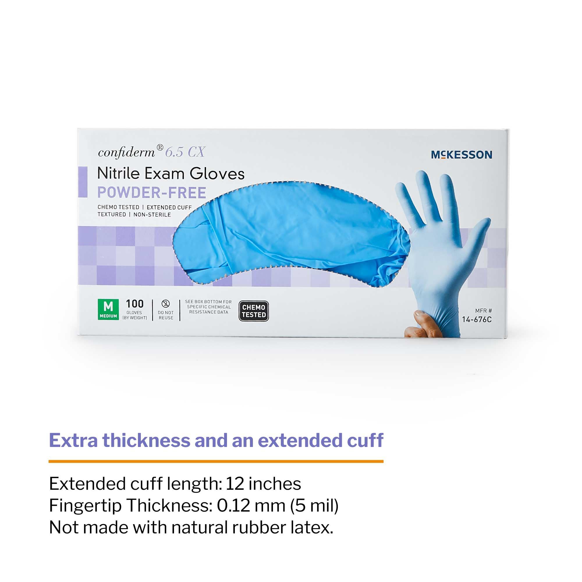 McKesson Confiderm 6.5CX Nitrile Exam Gloves - Powder-Free, Latex-Free, Ambidextrous, Texture, Chemo Tested, Light Blue, Extended Cuff, Size Medium, 100 Count, 10 Boxes, 1000 Total