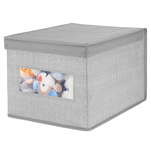 mDesign Large Soft Stackable Fabric Baby Nursery Storage Organizer Holder Bin Box with Front Window/Lid for Child/Kids Bedroom, Playroom, Classroom, Gray Herringbone
