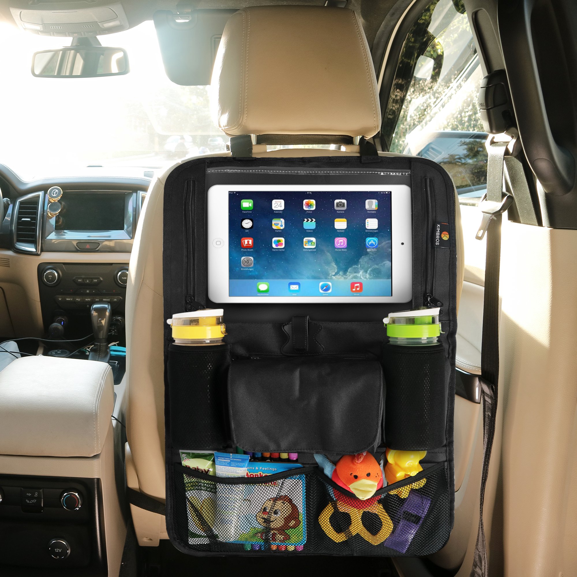 Kimbros Backseat Organizer with Tablet Holder for any age, (Holds IPAD PRO 10.5), Multiple Pockets, Side Double zipper for cables, Extra Long Harness with buckle for any size car, Baby wipe pouch