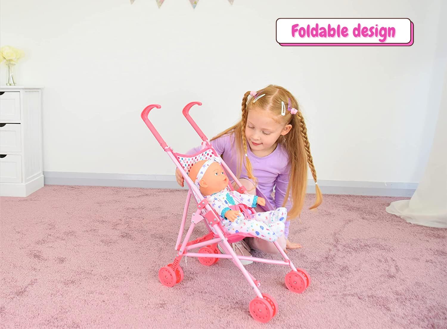 KOOKAMUNGA KIDS Baby Doll Stroller β Umbrella Stroller for Dolls - Foldable & Lightweight Baby Stroller for Dolls - Play Stroller w/ Sturdy Steel Frame - Ideal for Baby Dolls up to 18" - Pink Unicorn