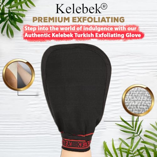 Kelebek Premium Natural Exfoliating Gloves, Turkish Hammam Kese, Original Exfoliating Mitt, Body Scrub for Men and Women (Black 2 Count (Rough))