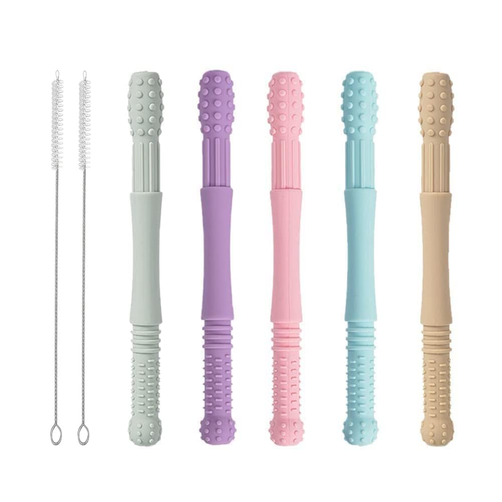 Honboom Soft Silicone Teething Tubes, 5 Pack Hollow Baby Teether Tubes, Baby Chew Straw Toy Soothing Teether Toy for Babies 0-12 Months with a Cleaning Brush, BPA Free (6.69 in)