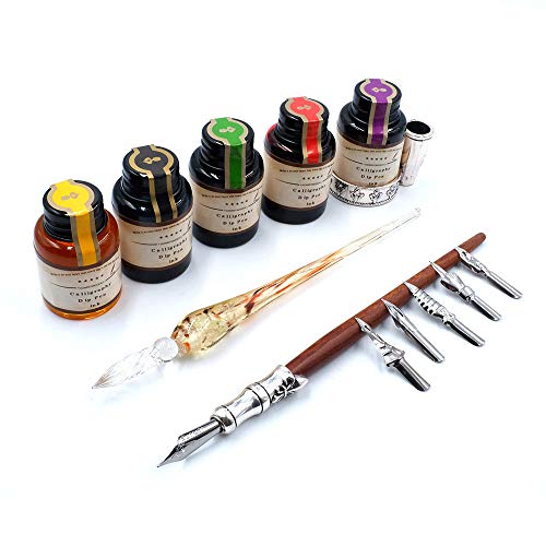 GC QUILL MU-02 Calligraphy Pen Set, Glass Dip Pen and Handcrafted Wooden Dip Pen Gift Set with 5 Colors Calligraphy Ink 6 Nibs 1 Pen Holder, Calligraphy Set for Beginners