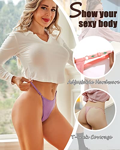 FINETOO Adjustable G String Thongs for Women Cotton Underwear Low Rise T-back Sexy Tangas Lace Trim Breathable 6 Pack S-XL