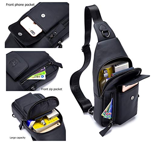 BULLCAPTAIN Genuine Leather Men Sling Bag Travel Crossbody Chest Bag Large Capacity Casual Hiking Daypack (Black)