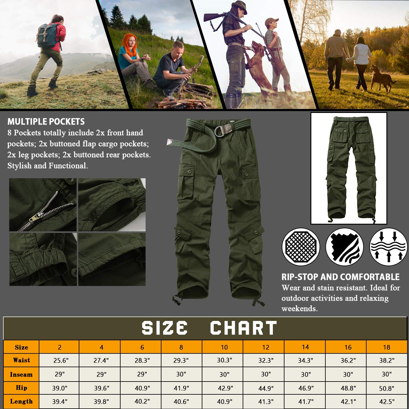 AKARMY Womens Cargo Pants with Pockets, Outdoor Casual Ripstop Military Combat Construction Work Pants 2040 ArmyGreen