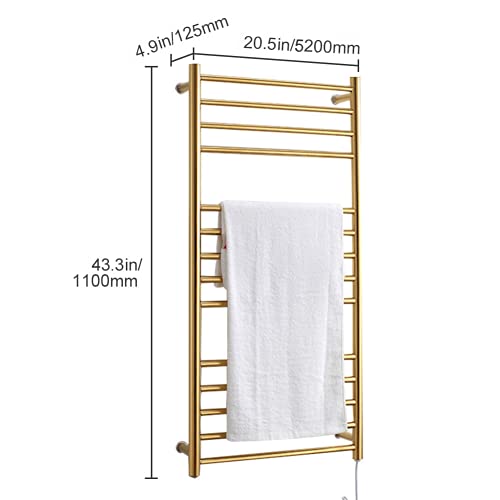 BILLY'S HOME Wall-Mounted Towel Warmer, Luxury Electric Heated Towel Drying Rack with 14 Bars, 43.3 × 20.5 × 4.9 inch, 304 Stainless Steel Gold for Bathroom (HARDWIRING)