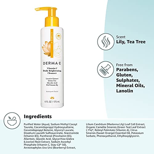 DERMA-E Vitamin C Cleanser - Daily Brightening Cleanser β Hydrating Face Wash to Even Out Skin Tone β Moisturizing Face Cleanser for a Radiant Glow, 6 fl oz