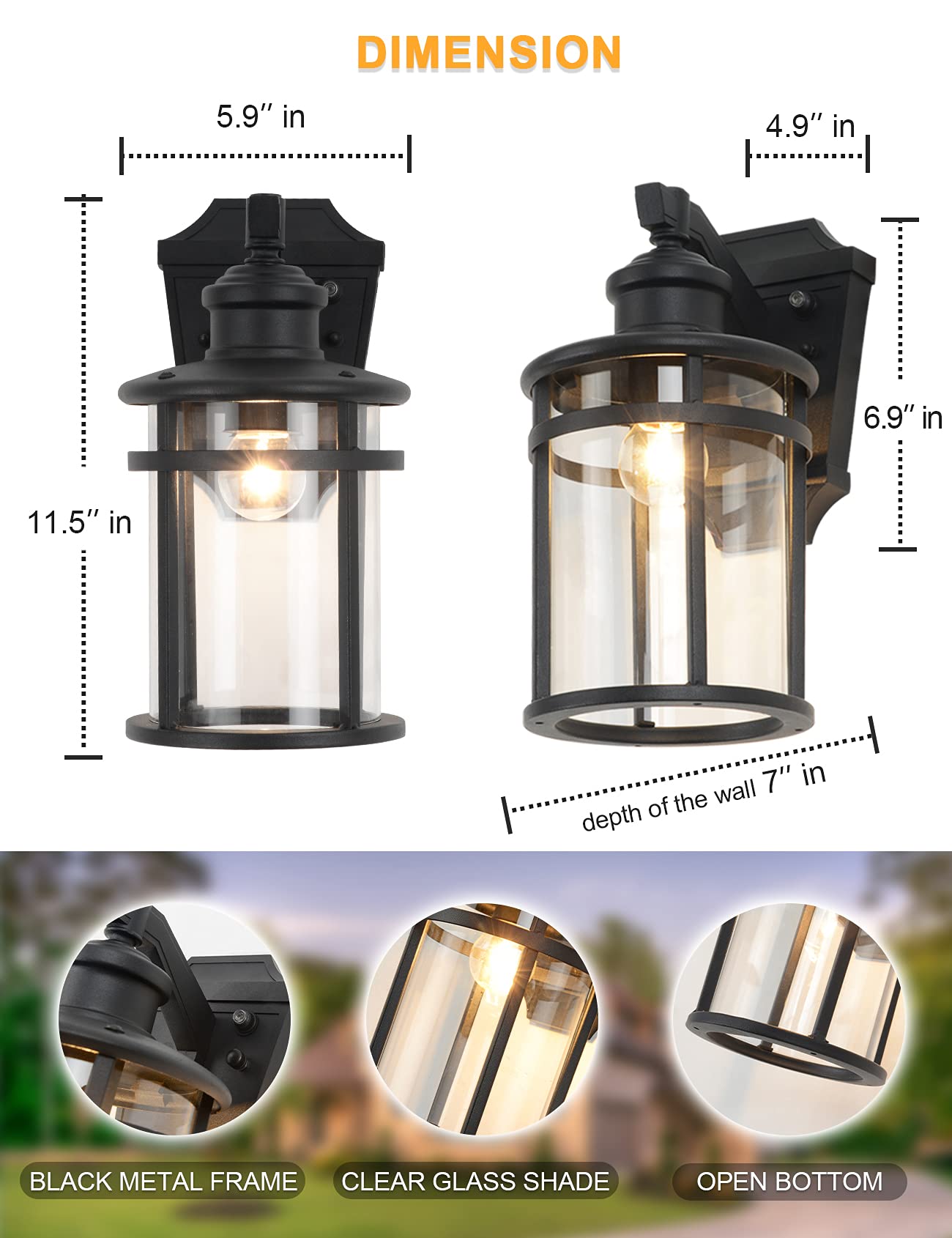 KXIEMRS 2-Pack Dusk to Dawn Sensor Outdoor Wall Lantern, Exterior Wall Mount Light Fixture, Matte Black Metal Wall Sconce with Clear Glass, E26 Base Waterproof for Backyard, Entryway, Garage, Garden…
