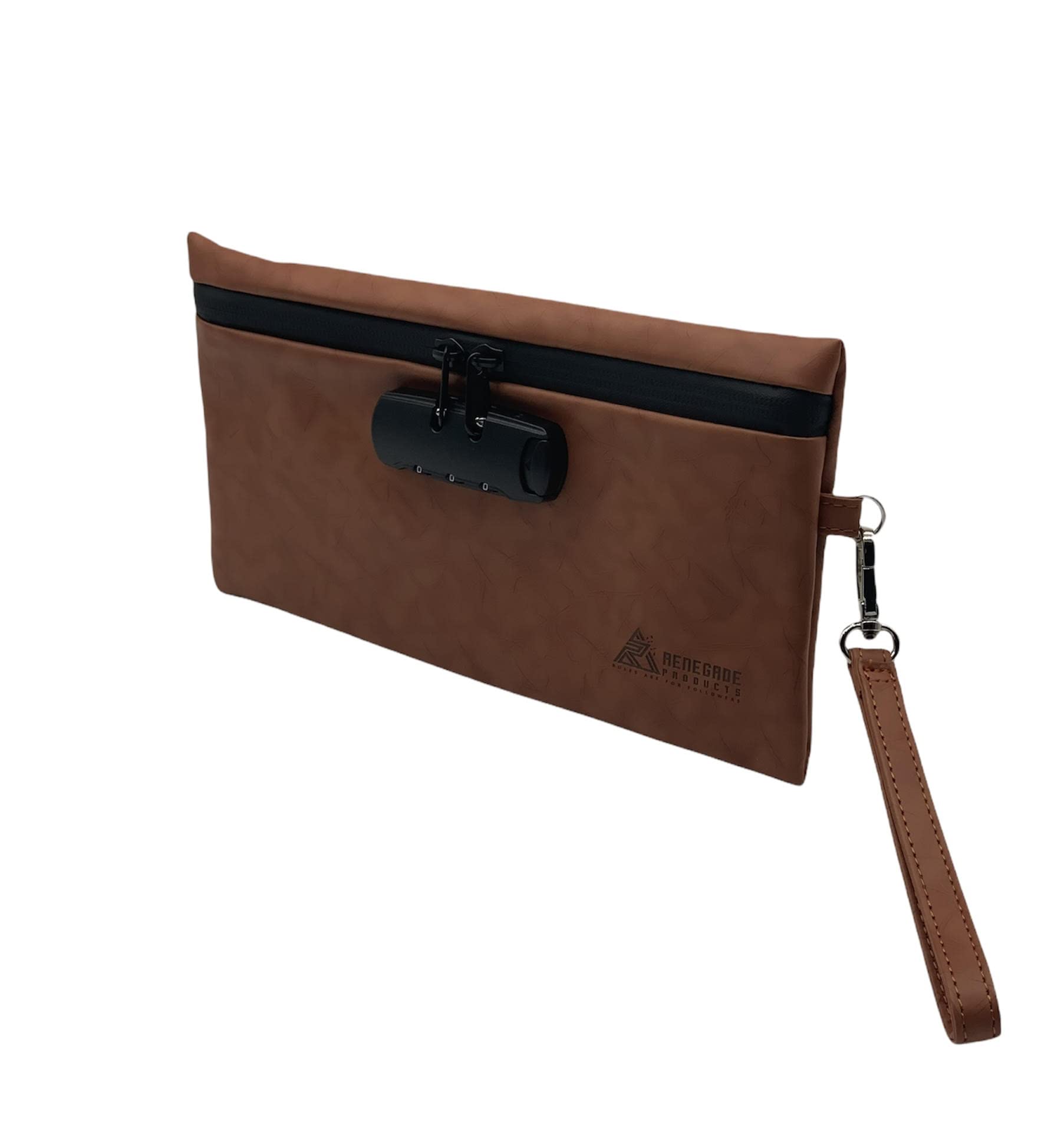 iRenegade locking cash drop money bag with 3 digit personal combination lock travel security leather finish wristlet clutch bag odor absorbing + smell proof (lite brown)