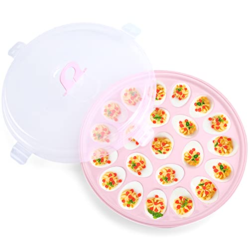 HANSGO Deviled Egg Platter, Pink Deviled Egg Containers with Lid Plastic Deviled Egg Keeper Platter Carrier for Holiday Season Table Party, 22 Egg Slots