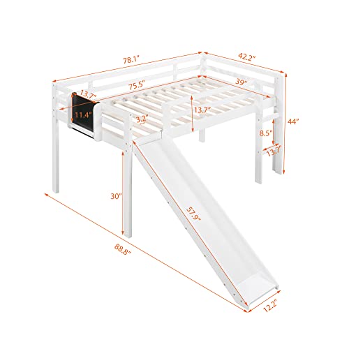 Bellemave Kids Loft Bed with Slide, Wood Loft Bed Boys Girls Twin Size, Low Loft Bed with Chalkboard(White)