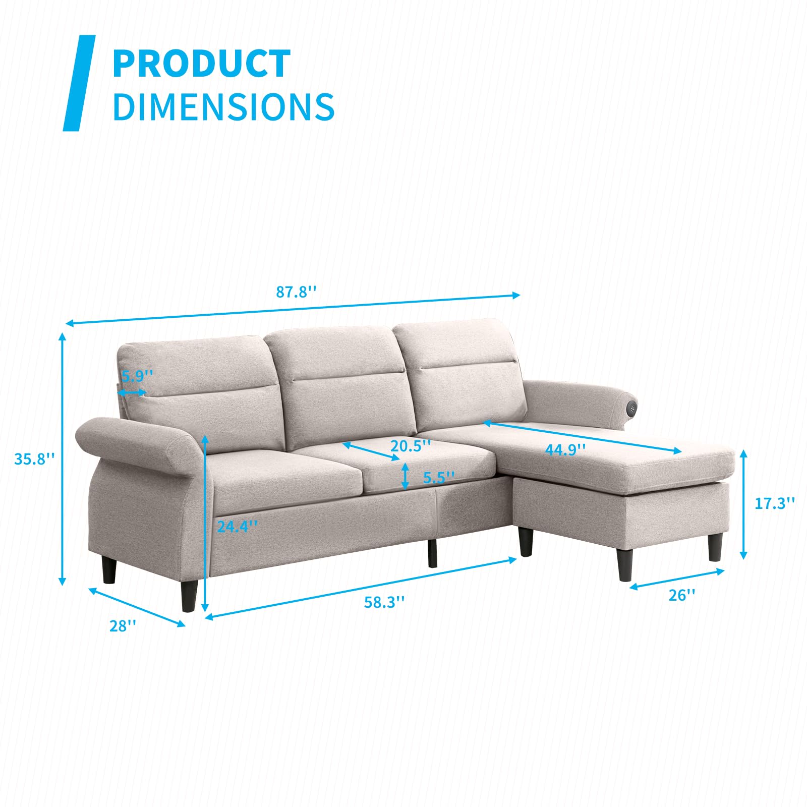 Mjkone 86" Convertible Sectional Sofa Couch, 3 Seat Sofas with 2 USB Ports and Adjustable Armrest, L Shaped Couch with Reversible Chaise, Couches for Living Room Apartment Office - Beige