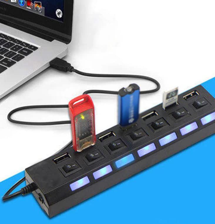 AGKRUNN 7 Port USB 2.0 Hub,Multi Port USB Splitteruter,Multi-Function Seven-Port Hub One-to-Seven Splitter Converter with Individual Switches Indicator
