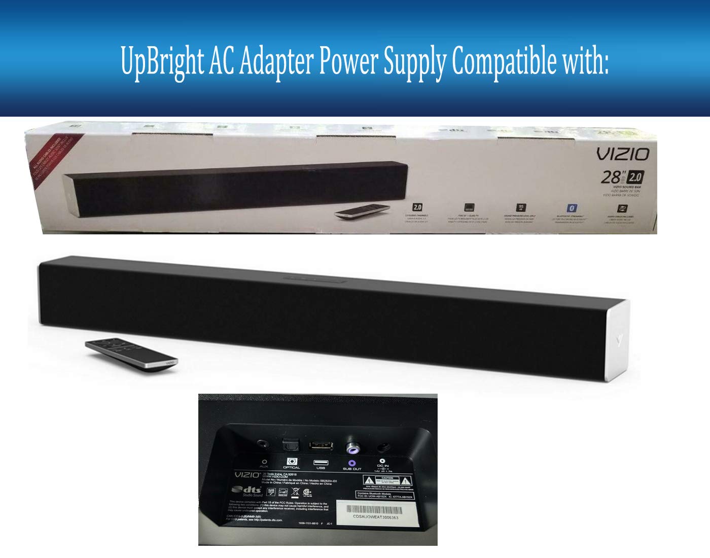 UpBright 14V AC/DC Adapter Compatible with Vizio SB2820n SB2820n-E0 28" 2.0 Channel Bluetooth Sound Bar Home Theater Music Speaker S82820n SB2820n-EO S82820n-E0 AY24BA-BF1401702 14VDC Power Charger