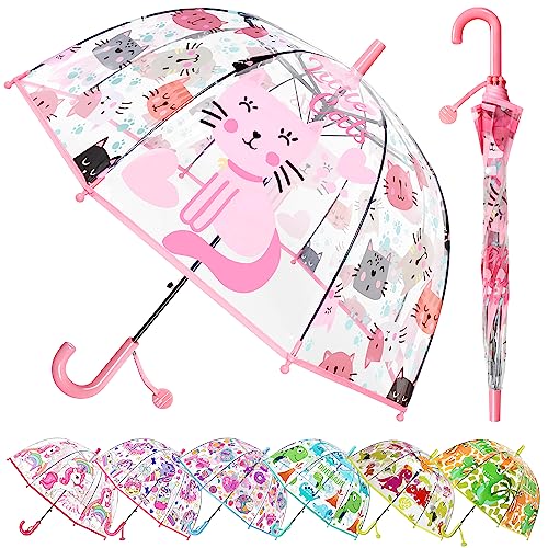 RONIARE Kids Umbrella Clear Bubble Umbrellas for Rain,Safety Dome Windproof Umbrella for Kid Girls and Boys(Cat Pink)