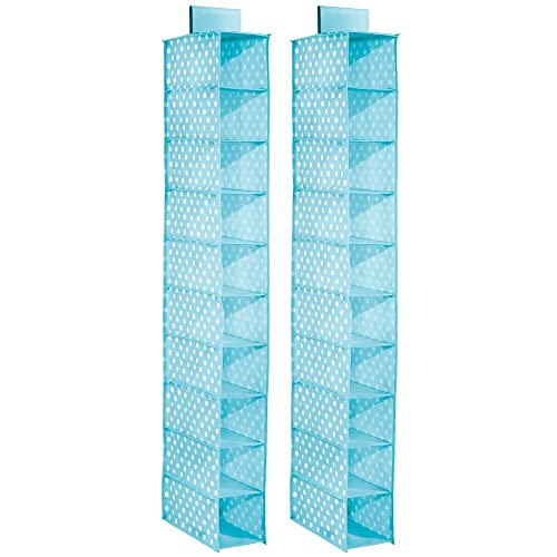 mDesign Soft Fabric Over Closet Rod Hanging Storage Organizer with 10 Shelves for Child/Kids Room or Nursery - Polka Dot Print - 2 Pack - Turquoise Blue with White Dots