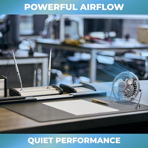 Comfort Zone Mini Portable Desk Fan with 360-Degree Adjustable Tilt, Dual Powered (USB or Power Cord), 4 inch, All-Metal Construction, Airflow 3.31 ft/sec, Ideal for Home, Bedroom & Office, CZHV4S