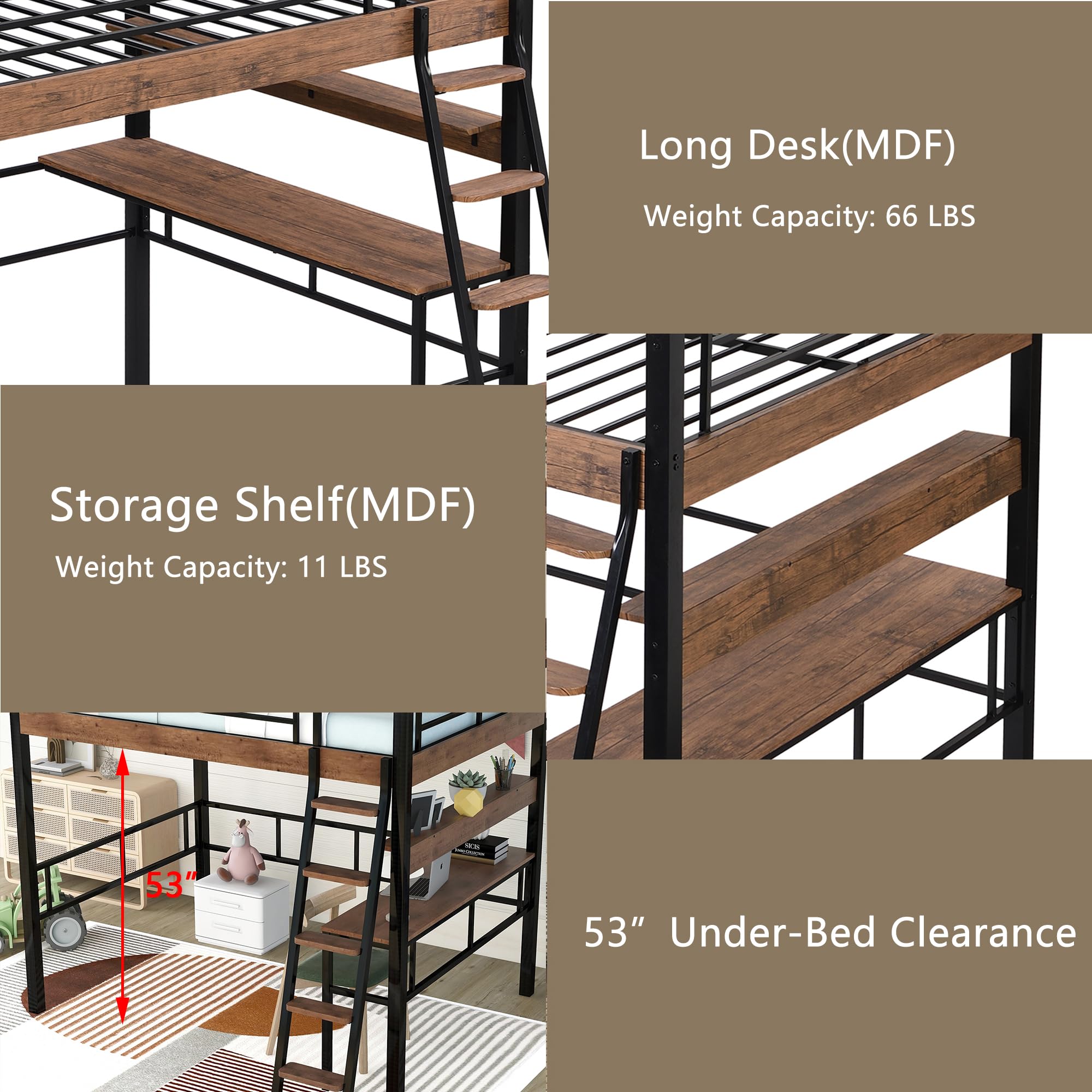 Full Size Loft Bed with Desk and Storage Shelf, Metal Loft Bed Full Size with Wider Ladder and Full Length Guardrail, Full Size Loft Bed for Kids, Teens, Full Size Loft Bed Black+Natural