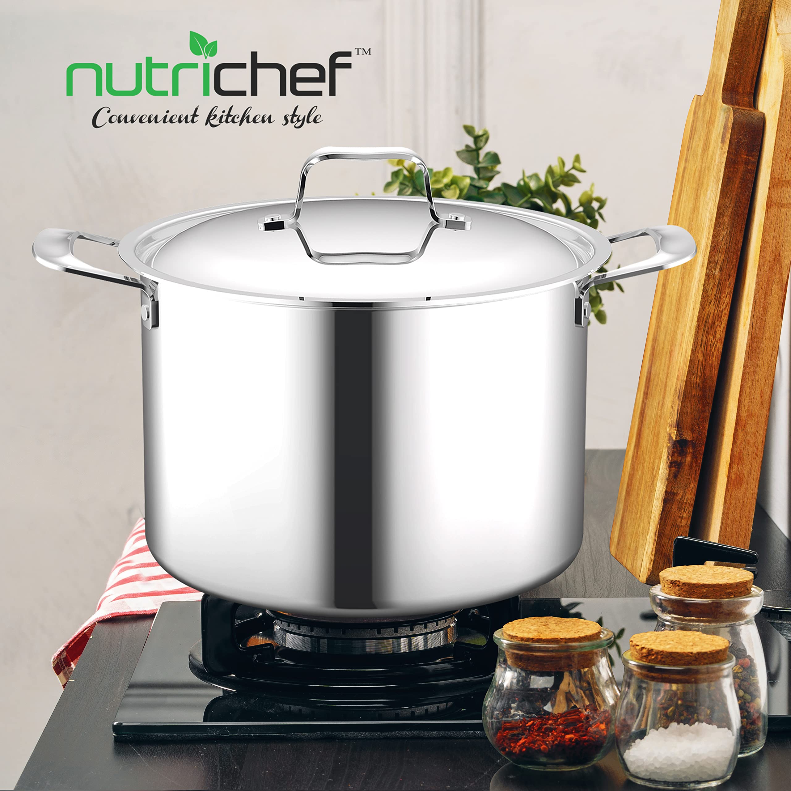 NutriChef 8-quart Stockpot with Lid - PFOA/PFOS Free Stainless Steel Stain-Resistant Pot Kitchen Cookware w/ Satin Interior, Polished Exterior, Cast Handles - Works w/ Model NCSSX45