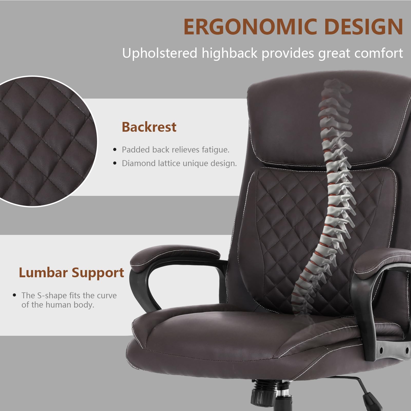 Bioopts Ergonomic Office Chair Executive Seat Upholstered Task Chair High Back Armrests Lumbar Support Adjustable Height Reclining 360 Degree Swivel PU Leather
