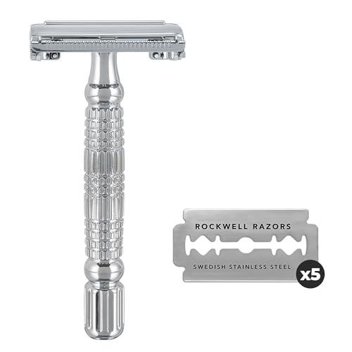 ROCKWELL RAZORS R1 Safety Razor in White Chrome Finish, Butterfly Open Mechanism with 5 Double Edge Blades