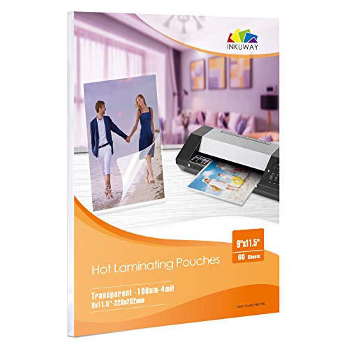 Inkuway 60 Pack Thermal Laminating Sheets Letter Size 9x11.5 for Sealed 8.5x11 Documents 4mil Thickness (9"x11.5x60)