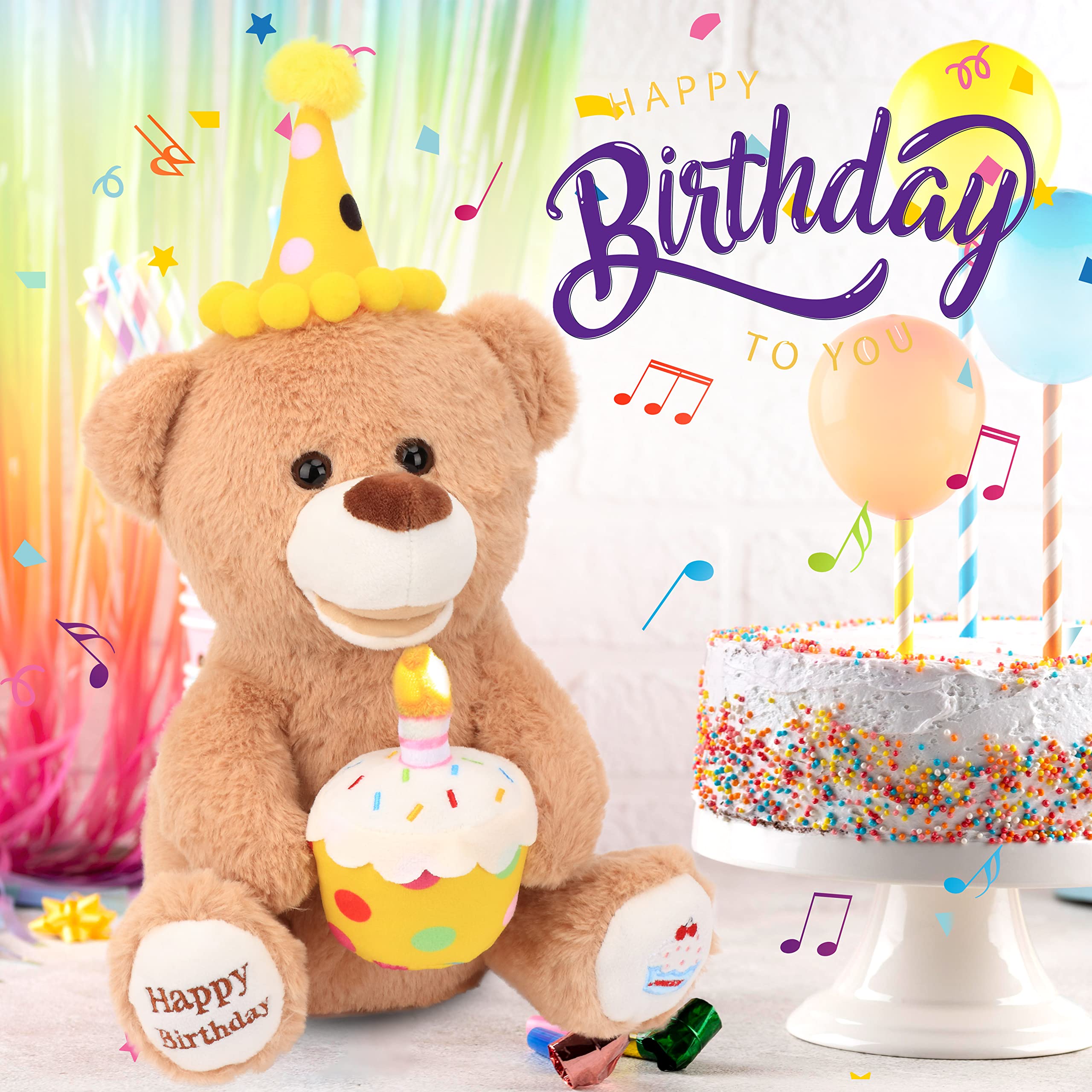 Hopearl Adorable Happy Birthday Teddy Bear with Glowing Cupcake Musical Stuffed Animal Bear Singing and Shaking Plush Toy Interactive Animated Kids Gifts, Brown, 15ββ