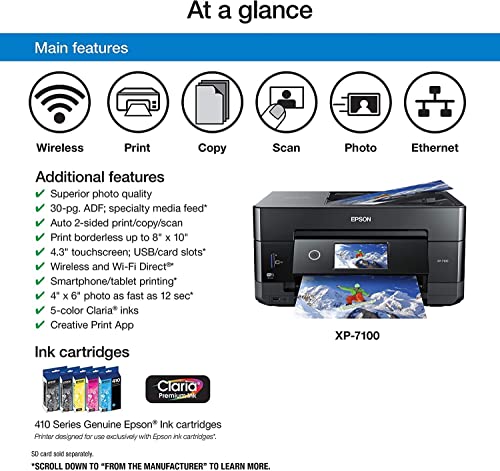 Epson Expression Premium XP-7100 Wireless All-in-One Color Inkjet Printer for Home Office - Print Scan Copy - 5760 x 1440 dpi, 15 ppm Black, 8.5 x 14, SD Card Slot, 100 Sheets, Auto 2-Sided Printing
