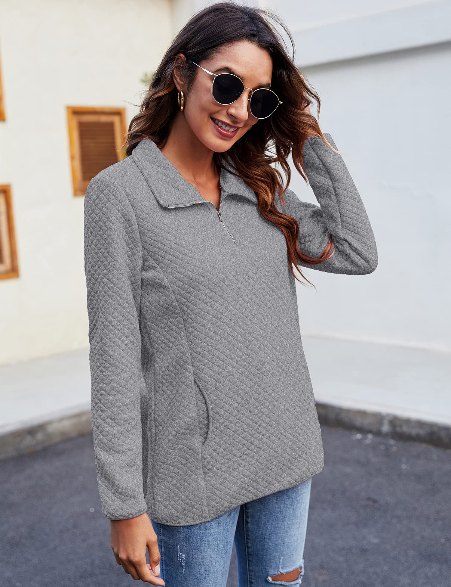 AKEWEI Women Half Zipper Long Sleeve Pullover Quilted Pattern Hoodie Casual Sweatshirt Stand Collar Tops with Pocket Grey S