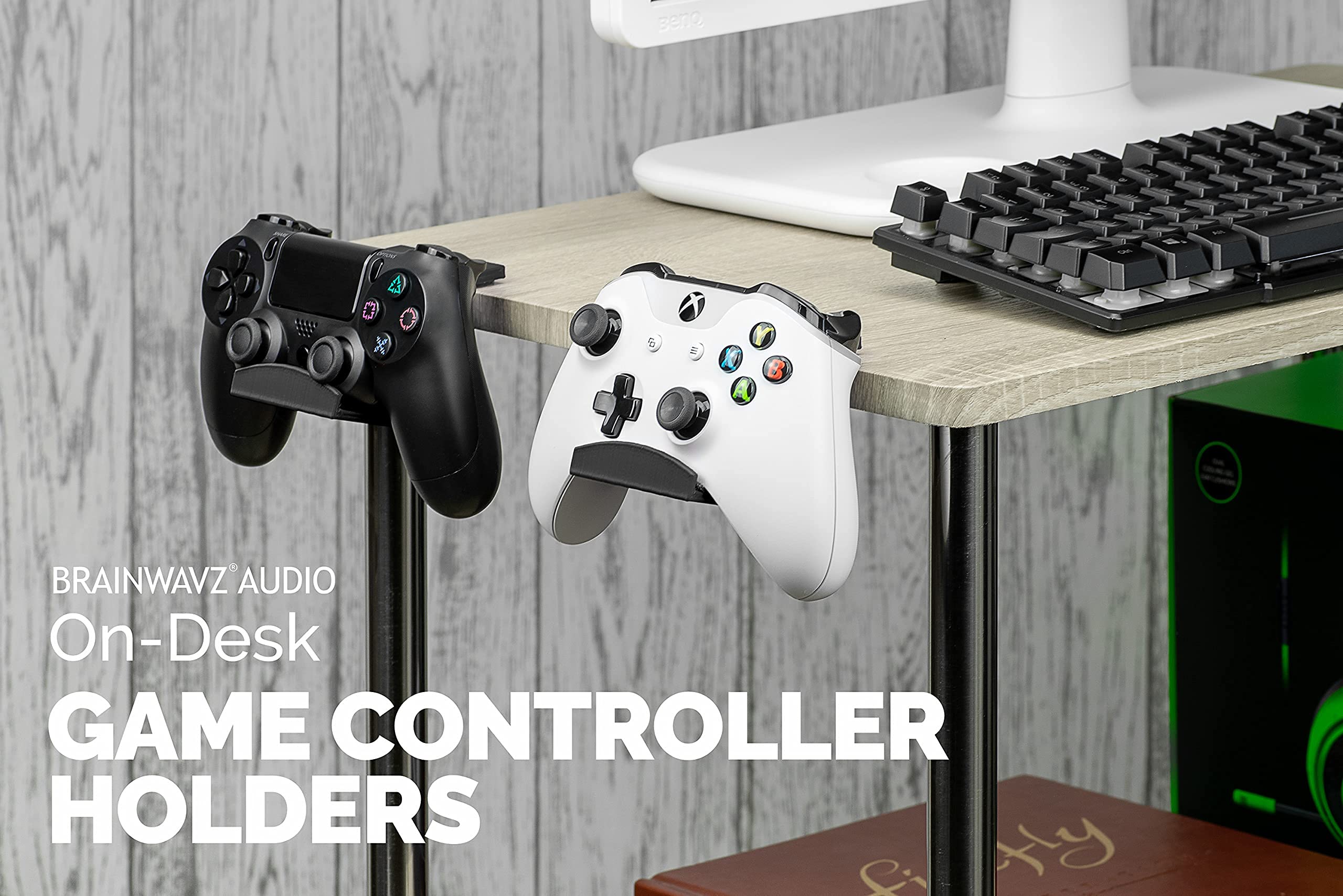BRAINWAVZ 4 Pack - Game Controller Desktop Stand Holder for Xbox ONE 360 Switch PS4 STEAM PC Nintendo, Universal Gamepad Accessories - No Screws, Stick on, Black