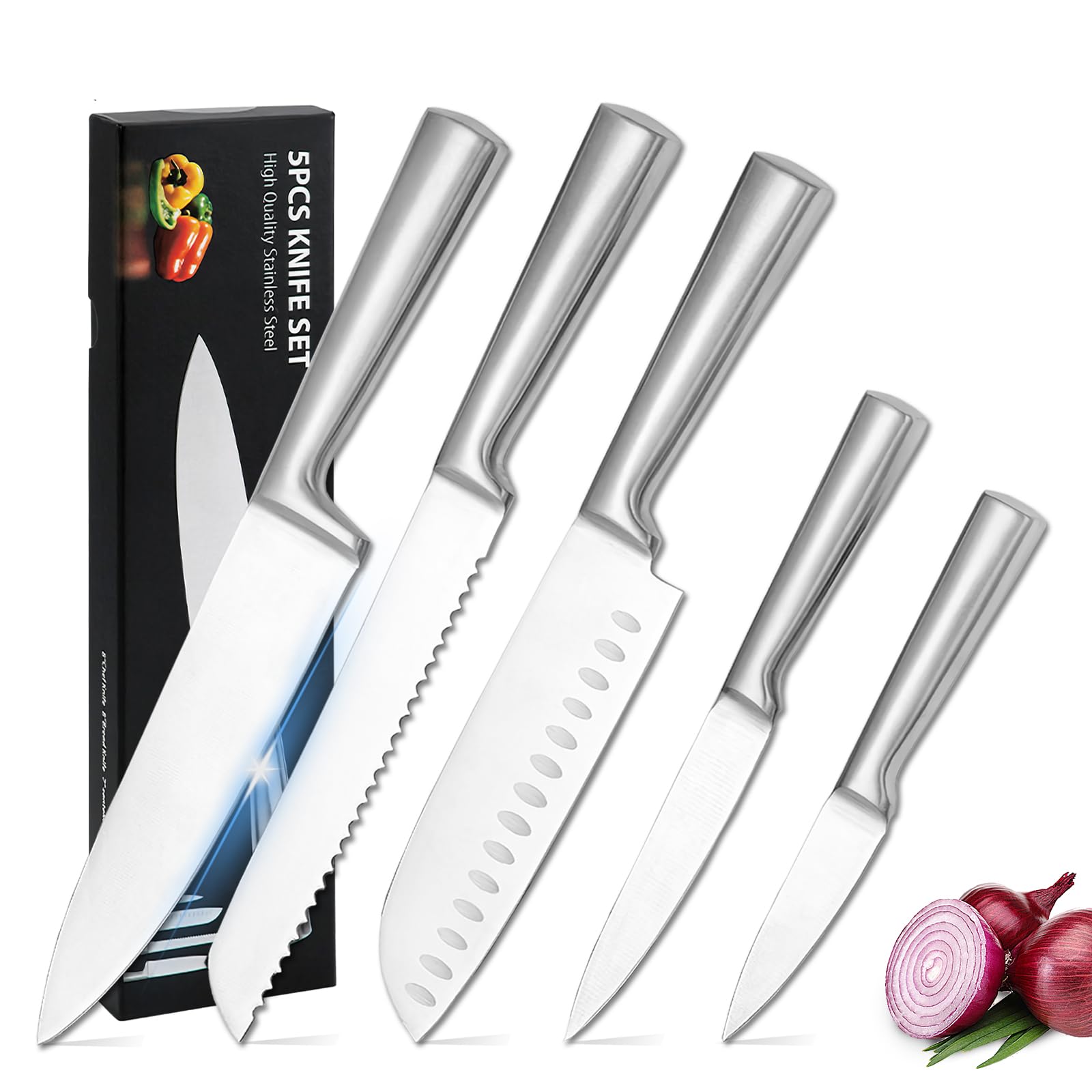 RETROSOHOO Kitchen Knife Set, 5-Pieces Classic Carbon Stainless Steel Knife Set with Ergonomic Handle, Sharp Professional Chef Knife Set for Cooking, Kitchen Knife Set with Gift Box (Silver)