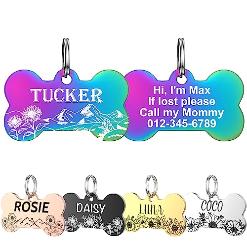 Dog Tags Engraved for Pets, YEHANTI Stainless Steel Pet ID Tags with Sunflower Designs, Dog Name Tags Personalized Both Sides Engraving, Custom Pet Tags for Dogs and Cats (Bone - Sunflower)