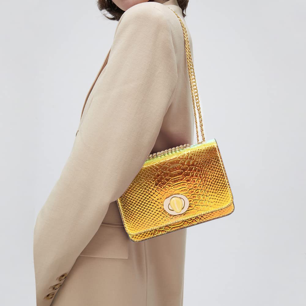 Gabrine Womens Evening Bag Holographic Snake Skin Leather Shoulder Bag Crossbody Bag with Detachable Chain, Yellow