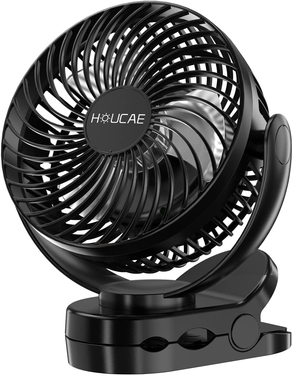 HOUCAE LED Clip on Fan with 60 Hours 12000mAh , Used as Power Bank, Office Work Fan, Stereoscopic Portable Clip on Fan,Type-C Port Personal Fan for Bedroom, Crib Bike, Treadmill, Golf Cart, Outdoor Camping etc.