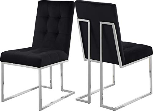 Meridian Furniture Alexis Collection Modern | Contemporary Velvet Upholstered Dining Chair with Button Tufting and Polished Chrome Metal Frame, Set of 2, Black, 18.5" W x 25" D x 36.5" H