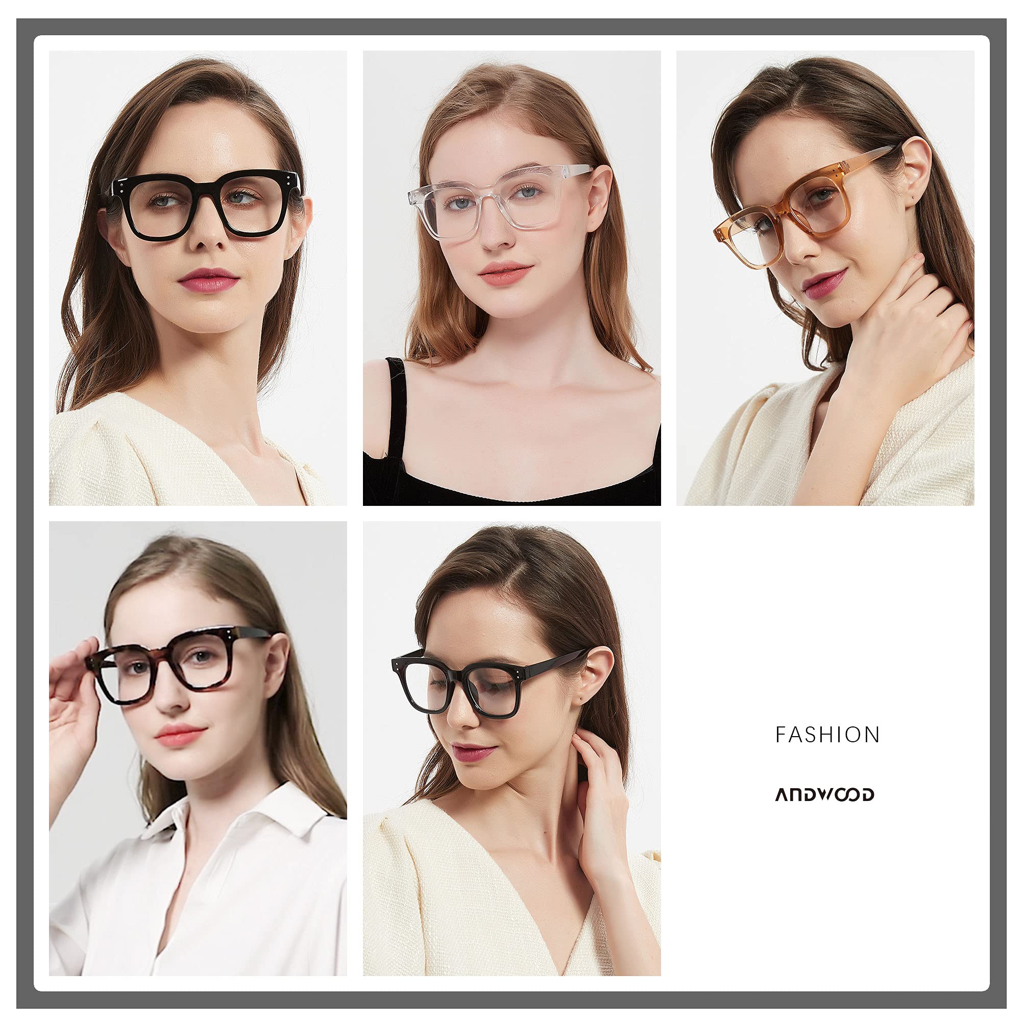 ANDWOOD Blue Light Blocking Glasses Women Computer Screen Oversized Bluelight Blocker for Big Heads Anti Eye Strain Square Black Crystal Frame
