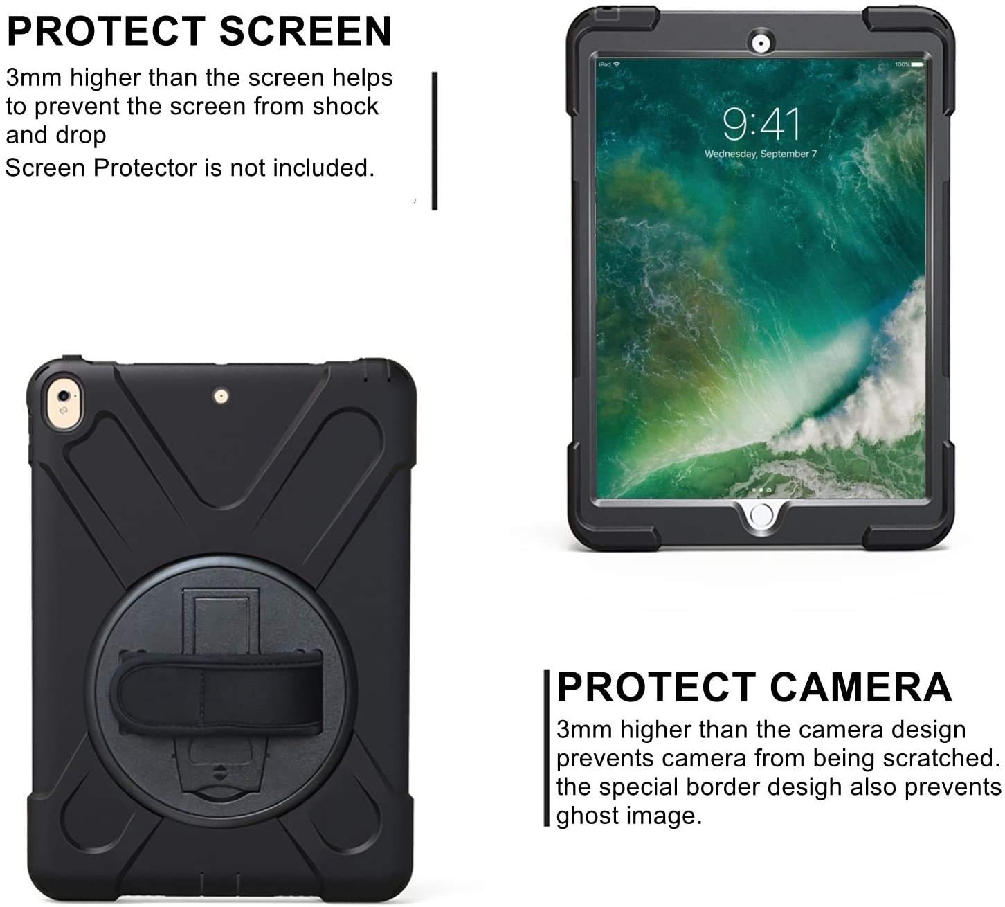 TSQ Case for iPad Air 3 10.5" 2019/ Pro 10.5 Inch Case 2017 | Military Grade Heavy Duty Rugged Protective Kids Case with Rotating Stand, Hand/Shoulder Strap, Cover for iPad Air 3rd Generation | Black