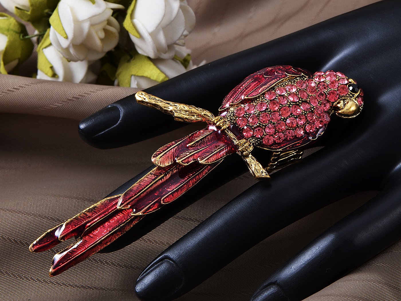 Alilang Adjustable Antique Golden Tone Long Red Robin Parrot Bird Ring