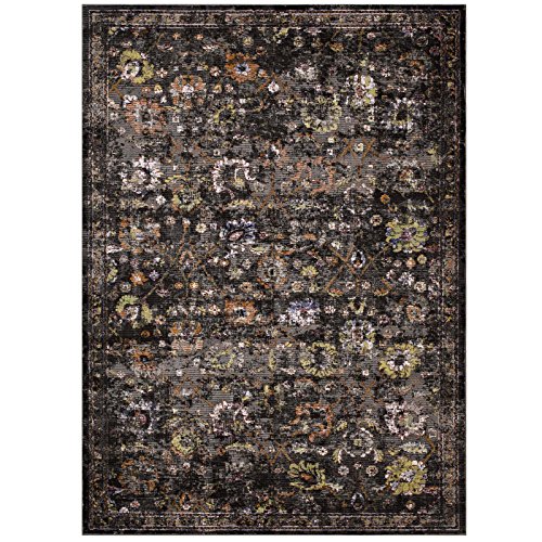 Modway Minu Distressed Floral Lattice 8x10 Area Rug in Black, Yellow and Orange