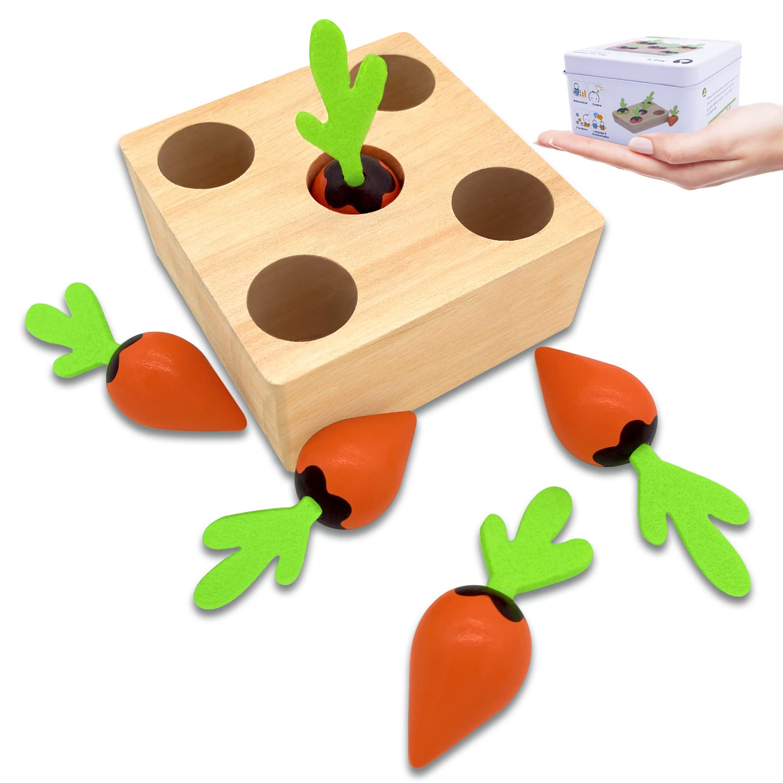 Doyolta Montessori Toys for Toddlers 4 Years Old, Shape Sorting Matching Puzzle Toy with Carrots Travel Toys in Tin Box for 4 Year Old Gifts for Boys Girls