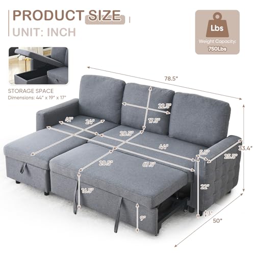 Antetek Reversible Sectional Sofa Couch with Pull-Out Bed, Modern Linen L-Shaped Sleeper Sofa Bed with Storage Chaise, Furniture Set for Living Room, Small Space, Office, Dark Grey