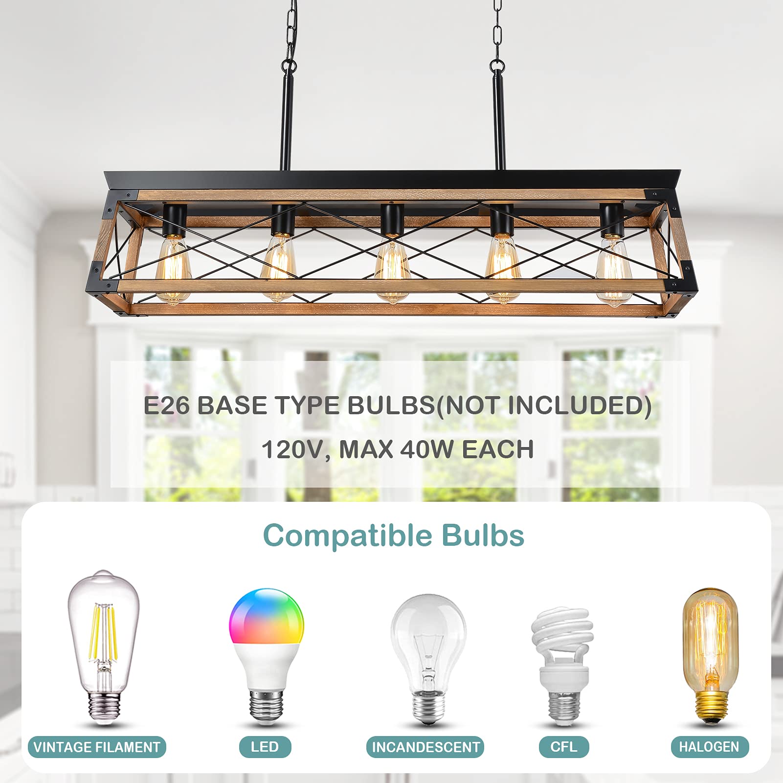 Aivvus 37.8 inch Farmhouse Wood Chandeliers, Rectangle 5 Lights Dining Room Lighting Fixtures Hanging, Kitchen Island Cage Industrial Pendant Light, Rustic Linear Chandelier Ceiling Light, Adjustable