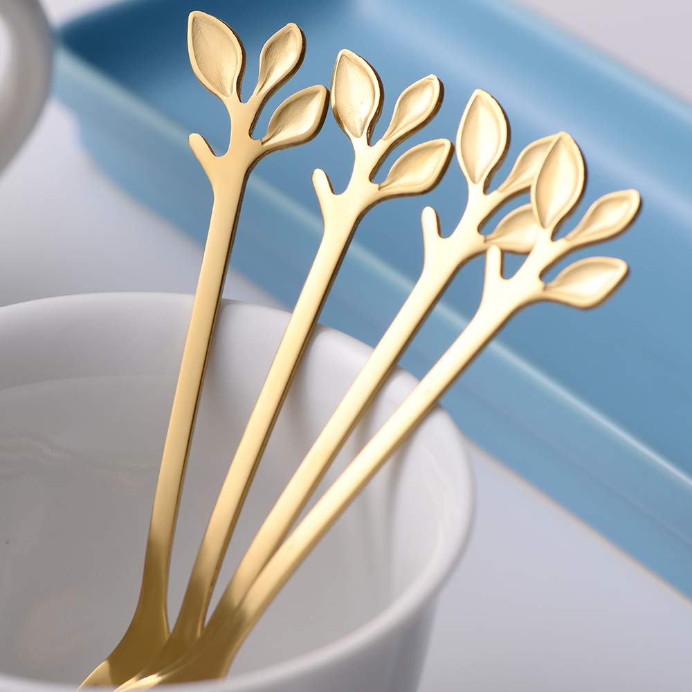 AnSaw 8 Pcs 4.7"Small Stainless Steel Leaf Handle Coffee Spoons(Gold, 8)